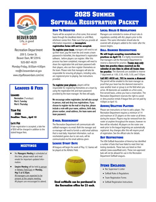 Softball Registration Packet
