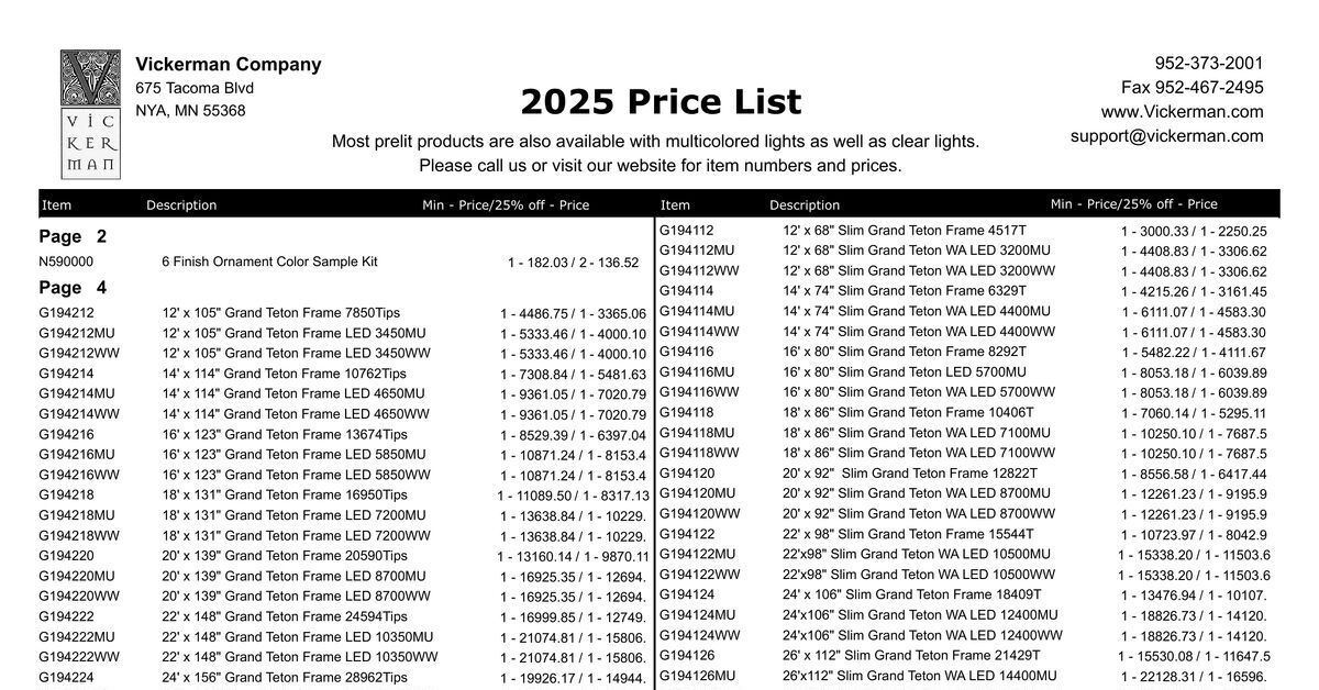 2025 Holiday Catalog Price List