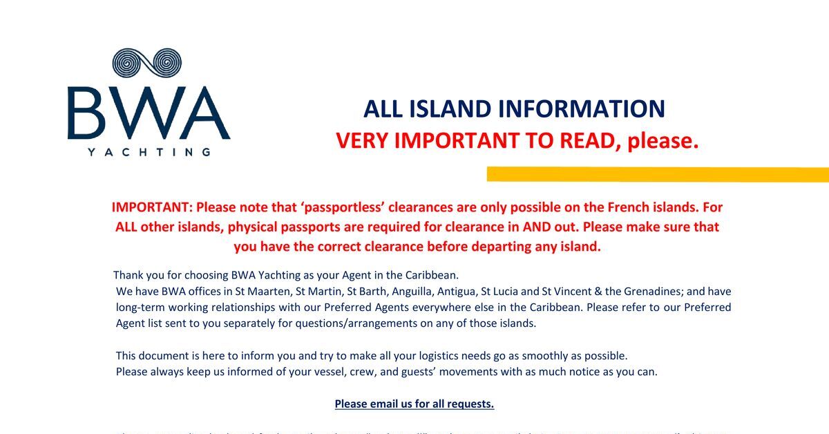 BWA Yachting Caribbean - All island clearance and important information